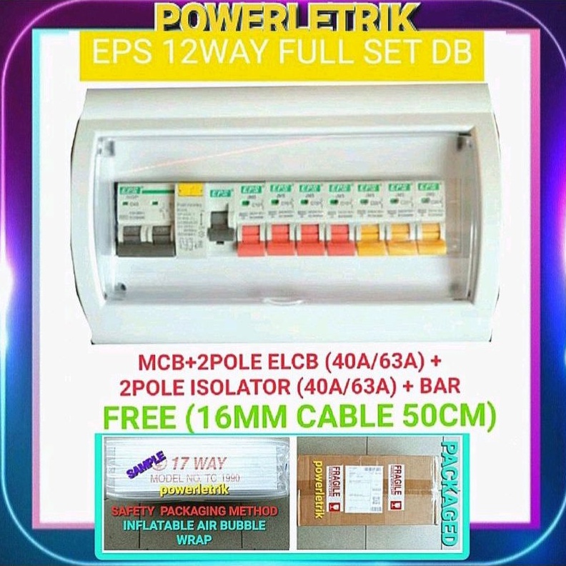 NES/EPS 40A 63A Full SET 12 WAY DB BOX WITH ELCB, ISOLATOR(Main Switch) MCB & BAR SINGLE PHASE ...