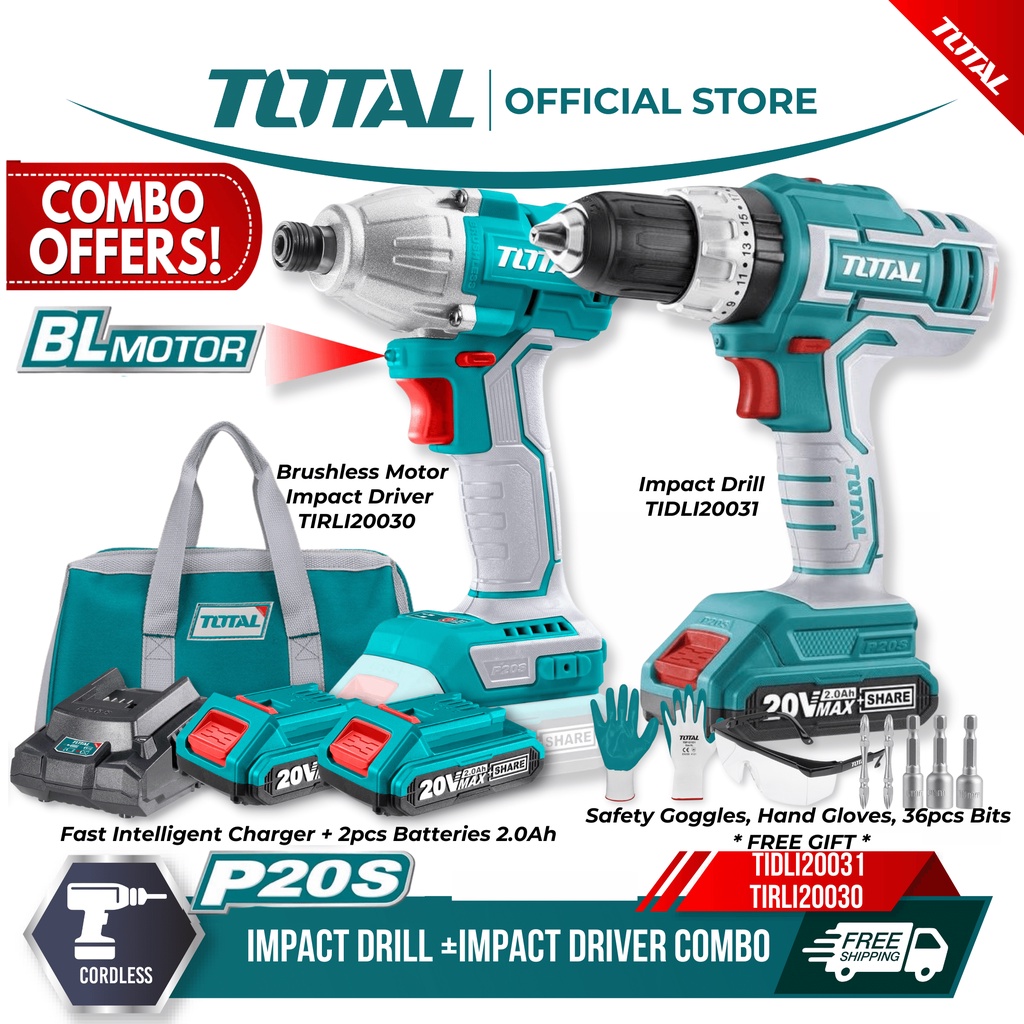 Total Li-ion Cordless Impact Drill + Impact Driver Combo Set TIDLI20031 ...