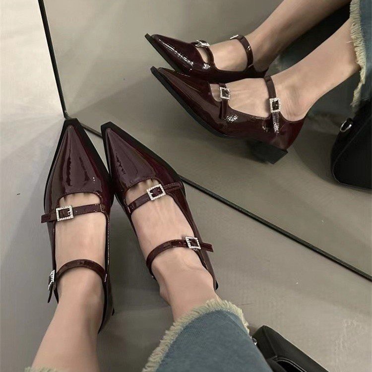 Pointed Toe Low Heels Buckle Chunky Vintage Shoes | Shopee Malaysia