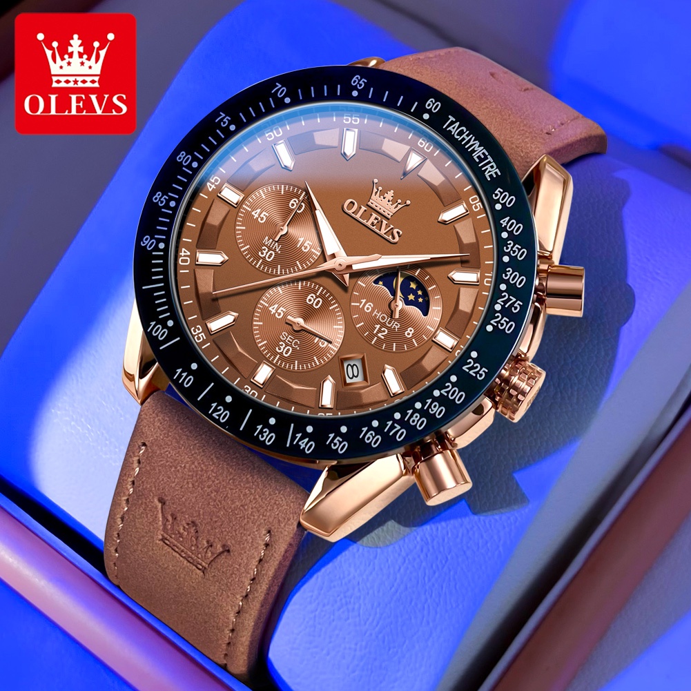 Olves Jam Tangan Lelaki Original Waterproof Fashion Moonphase Watches Multifunction Chronograph ...