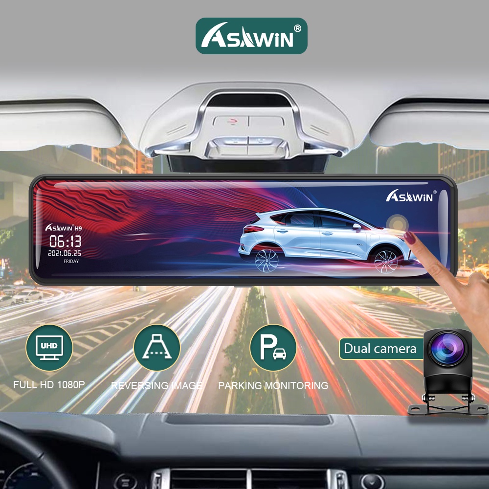 Asawin Full Touch Screen Rearview Mirror Dash Cam With Night Vision ...