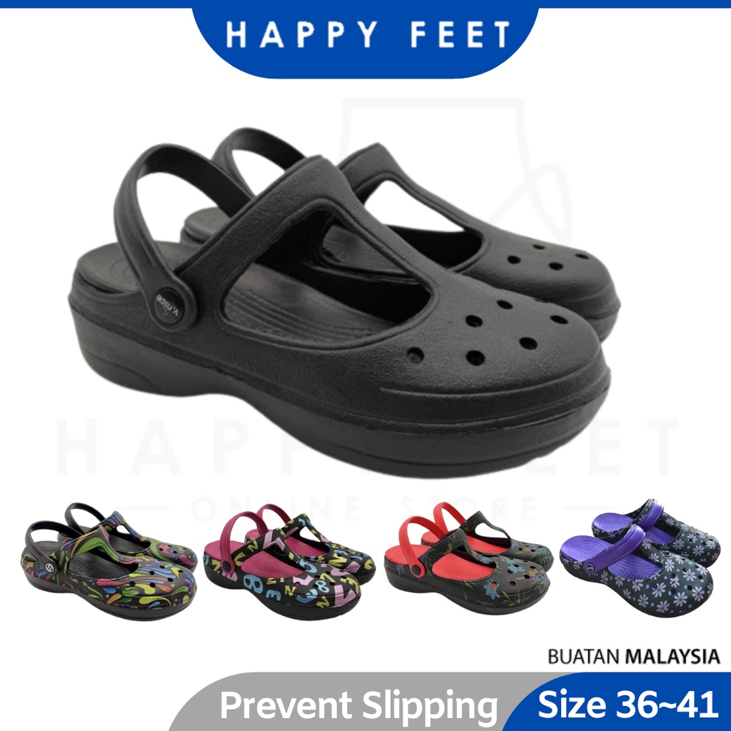HAPPYFEET CROCS Wanita Hitam Ladies Croc Sandals with Strap Kasut Jelly ...