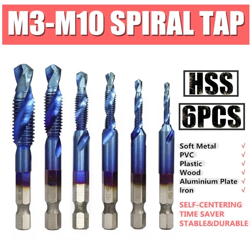 6pcs New Titanium Plated Hex Shank HSS Screw Thread Metric Tap Drill Bits Screw Machine Compound ...