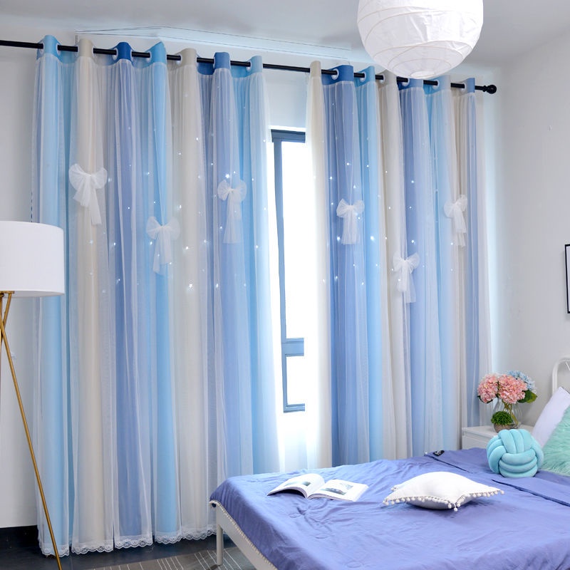 Star Hollow Out Curtains Double Layer with Sheer Blackout Gradient ...
