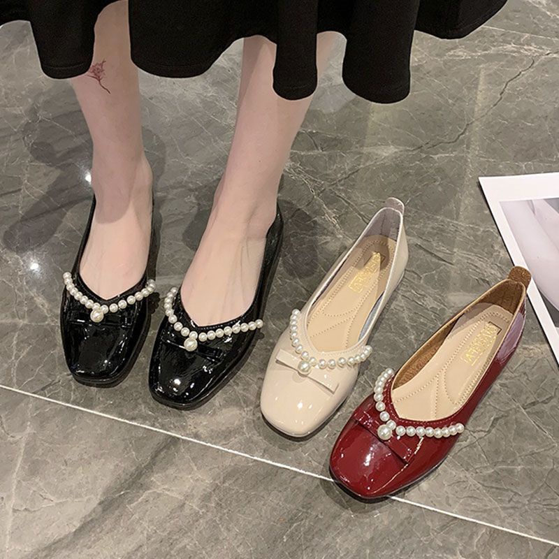 Shallow Mouth Pearl Small Fragrant Wind Flat Shoes with One Leg Push on ...