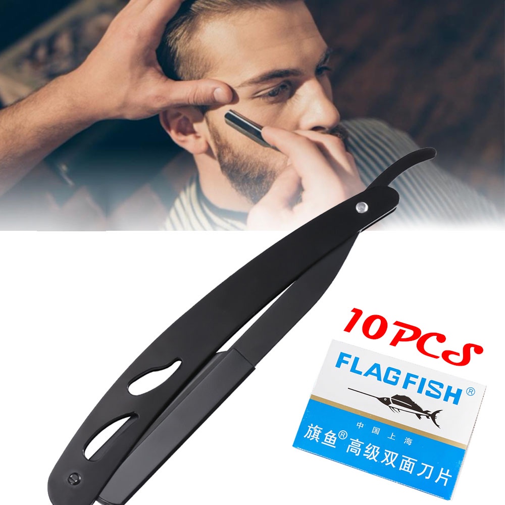 Men Shaving Barber Tools Hair Razor and Blades Antique Black Folding ...