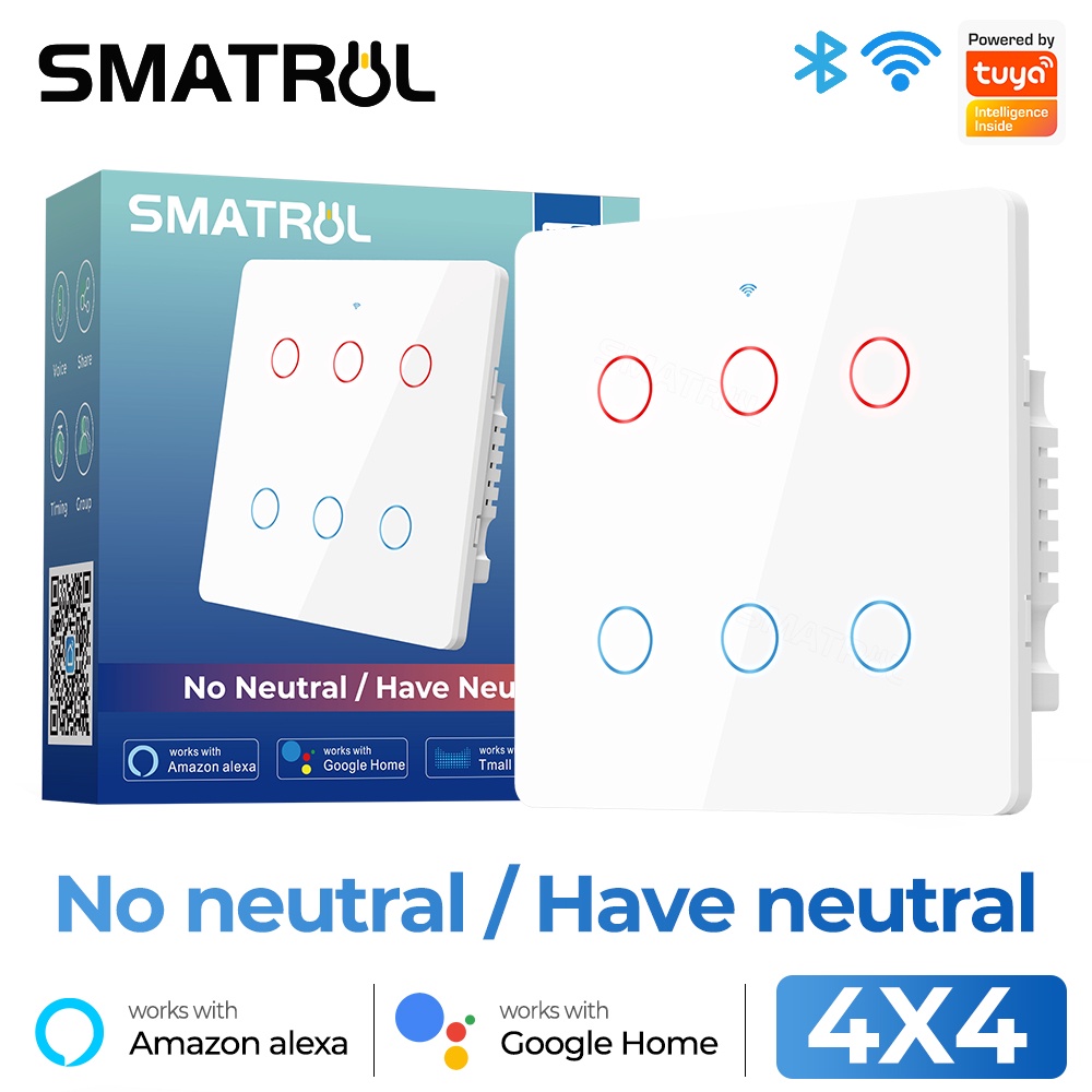 SMATRUL No Neutral Wire 4x4 Tuya WiFi Smart Light Switch 6 Gang Touch ...