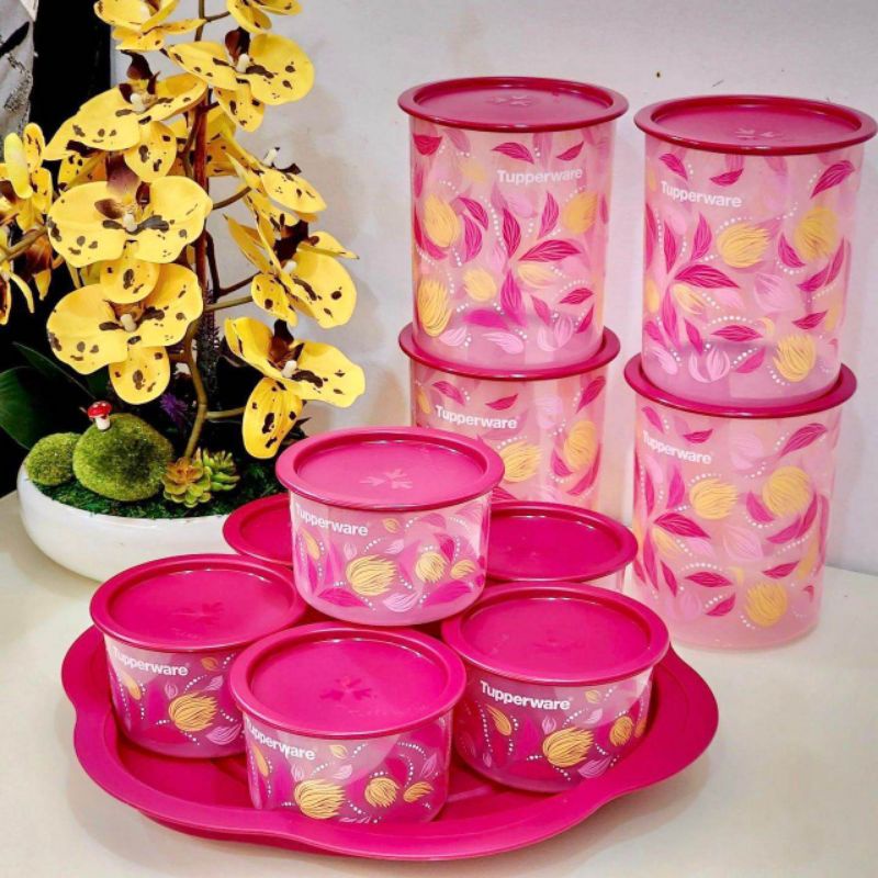 Tupperware 6pcs Royal Red Rose One Touch Canister/Spinning Tray/ Tupperware Petalz One Touch ...