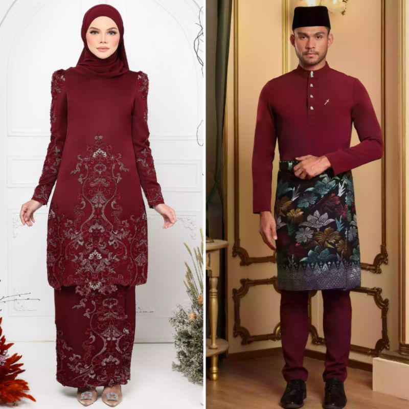 RAYA 2023 Vanessa Kurung Moden Lace + Baju Melayu Couple Burgundy ...