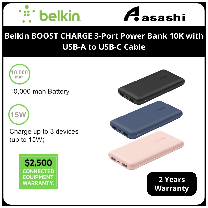 Belkin BOOST CHARGE 3-Port Power Bank 10K + USB-A to USB-C Cable ...