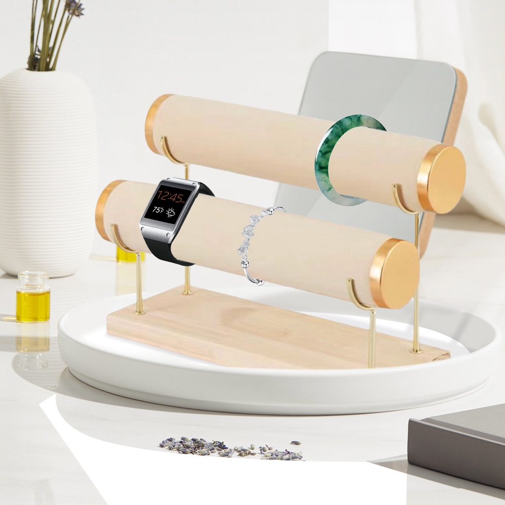 Solid Wood Two-Layer Velvet Jewelry Display Stand Jewelry Storage Rack ...