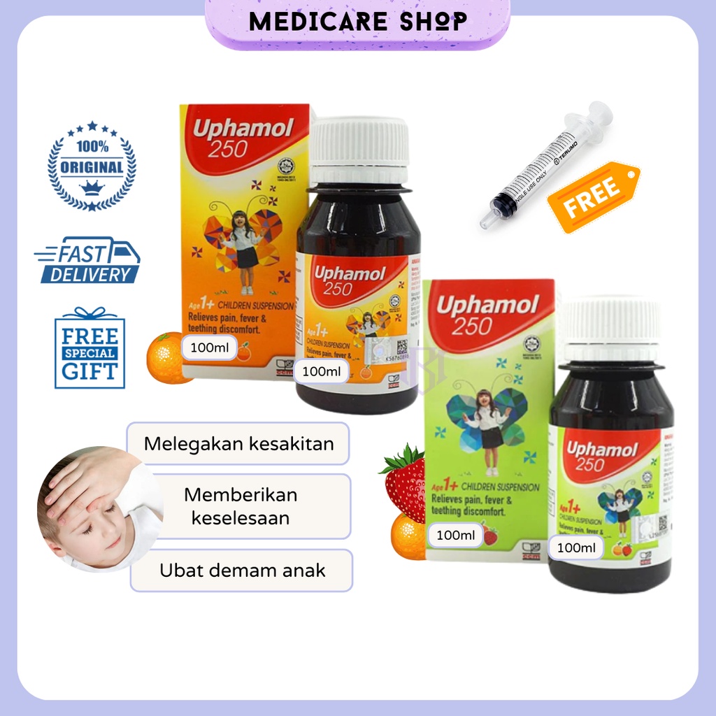 Uphamol 250mg Suspension 100mL (Orange Flavour/ Mix) Paracetamol Ubat demam tahan sakit anak ...