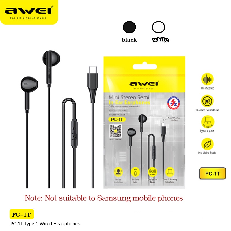 Awei PC-1T Type-c Plug Wired Earphone With Mic Stereo Half-In-Ear ...