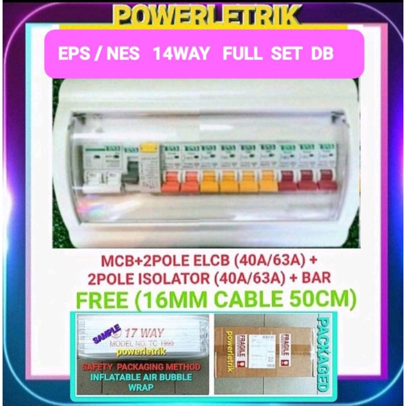 NES/EPS 14 WAY DB 40A / 63A FULL SET WITH ELCB MAIN SWITCH MCB & BAR ...