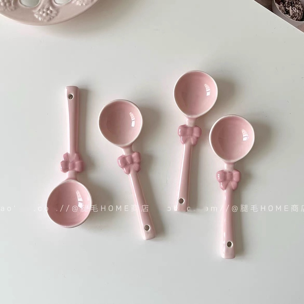Girly Heart Pink Bow Ceramic Spoon Cereal dessert spoon mixing spoon ...