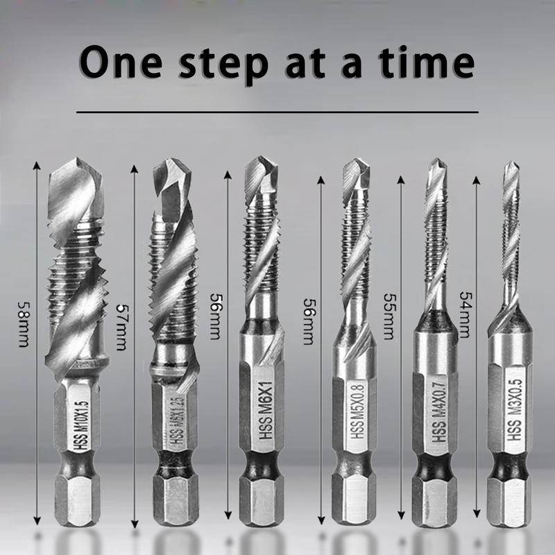 6Pcs Silver Tap Drill Bit Set Hex Shank Titanium Plated HSS Screw ...