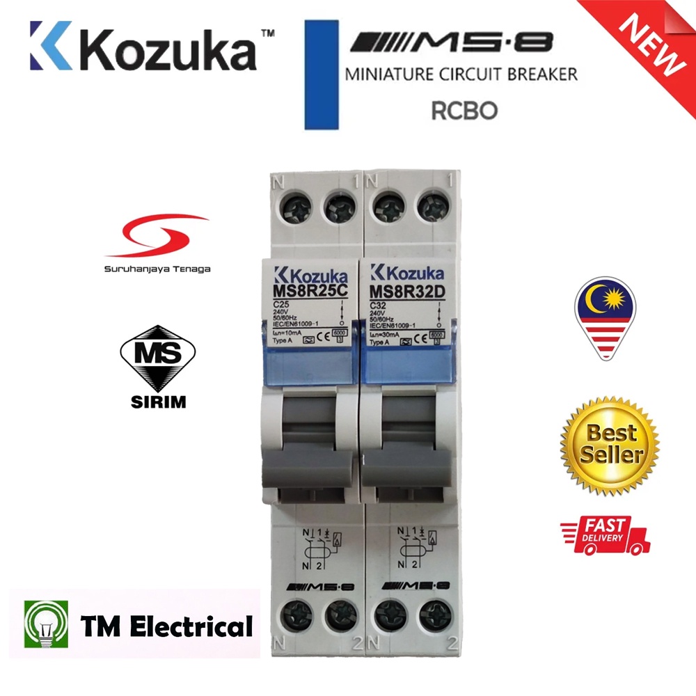 KOZUKA MS8 RCBO, 1P+N, 6KA, 25A 10mA, 32A 30mA RESIDUAL CURRENT CIRCUIT BREAKER WITH OVERCURRENT ...