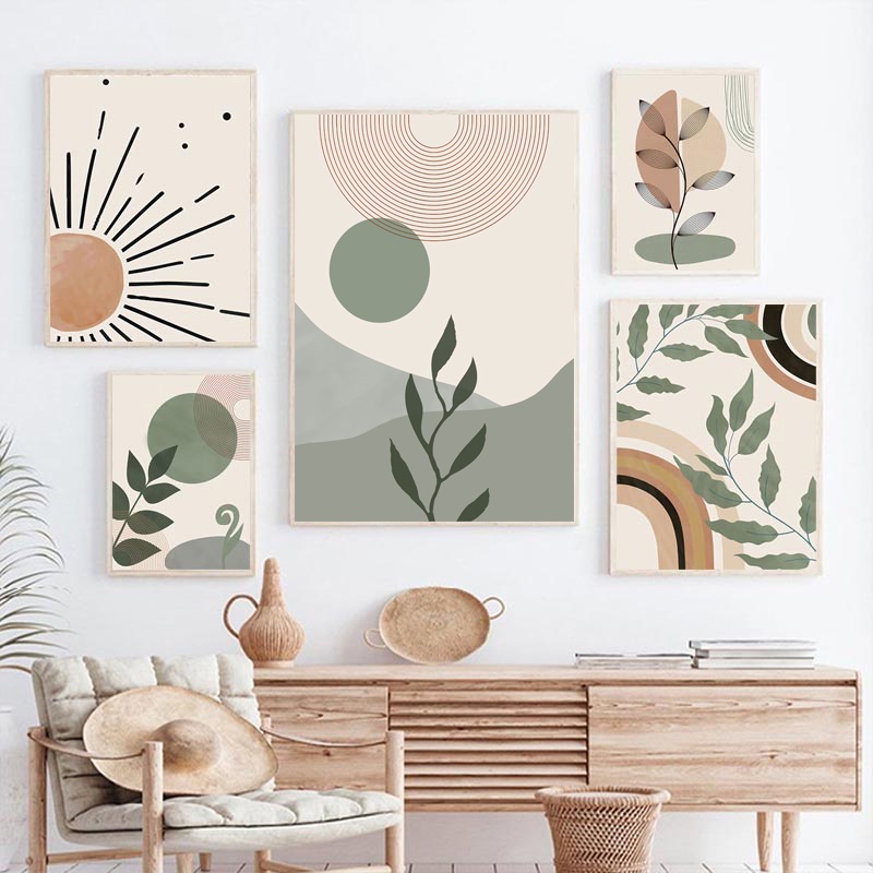 With Frame - Boho Posters Abstract Geometry Line Canvas Painting Leaves ...