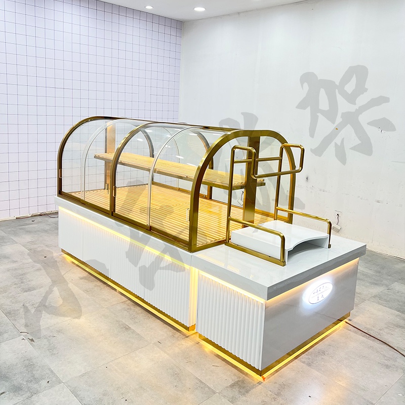 Baking bakery cake shop curved glass island model pastry display side ...