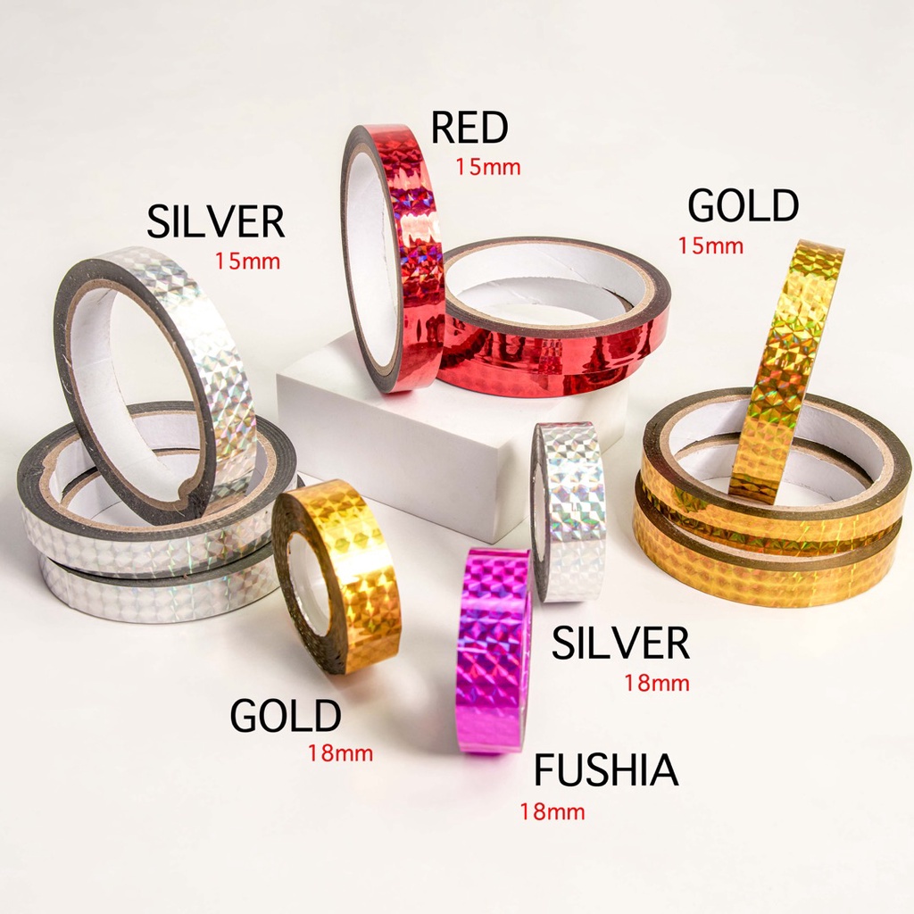 Shiny Wrapping Tape Silver Gold Red Green Fuchsia 18MM x 50m per Roll ...