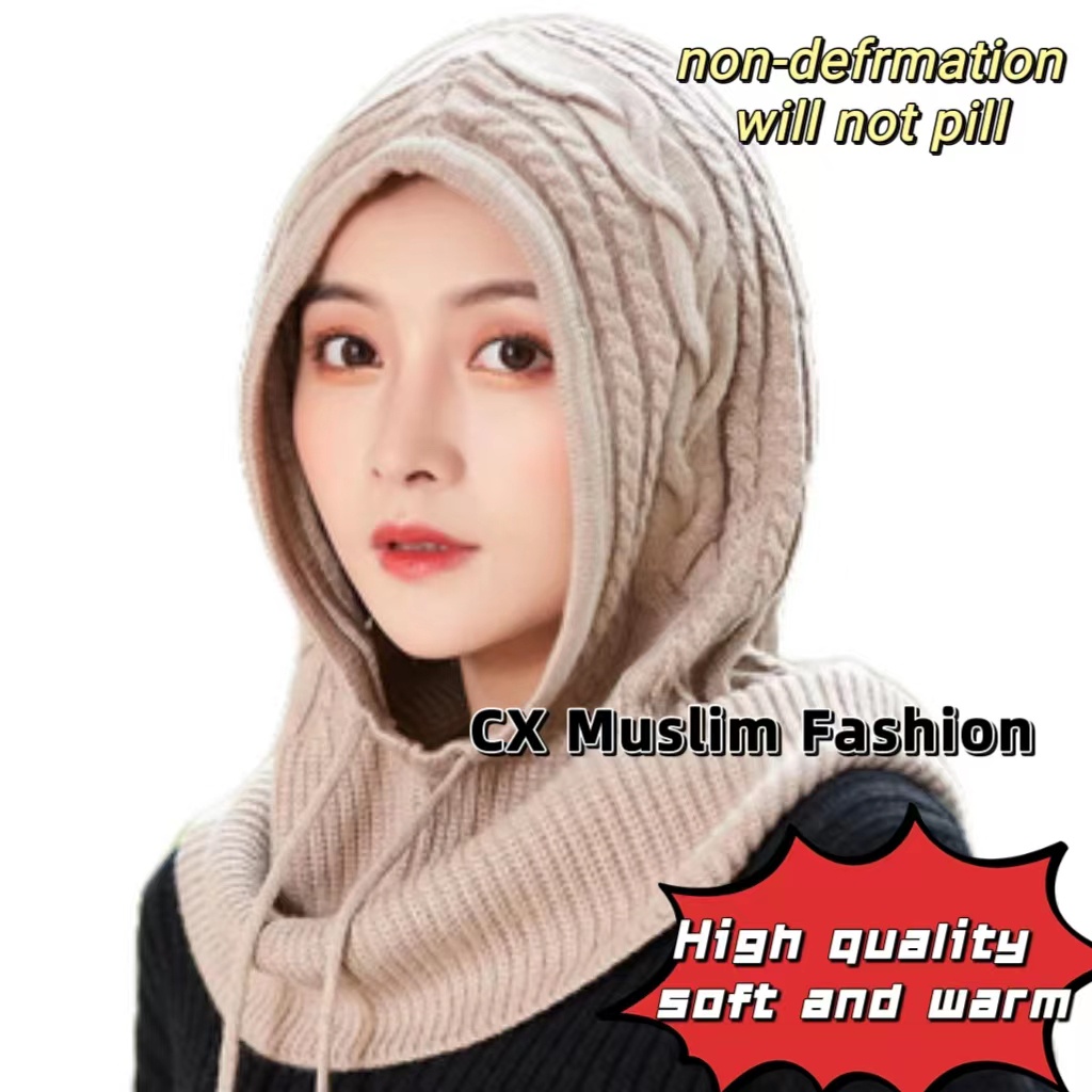 hijab bawal tudung Hat Bib One-Piece Women Thickened Knitted Ear ...