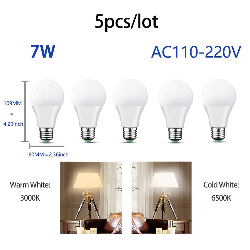5PCS LED Light E27 Bulb 5/7/9/10/12/15/18/20W Mentol Led Rumah 220V ...