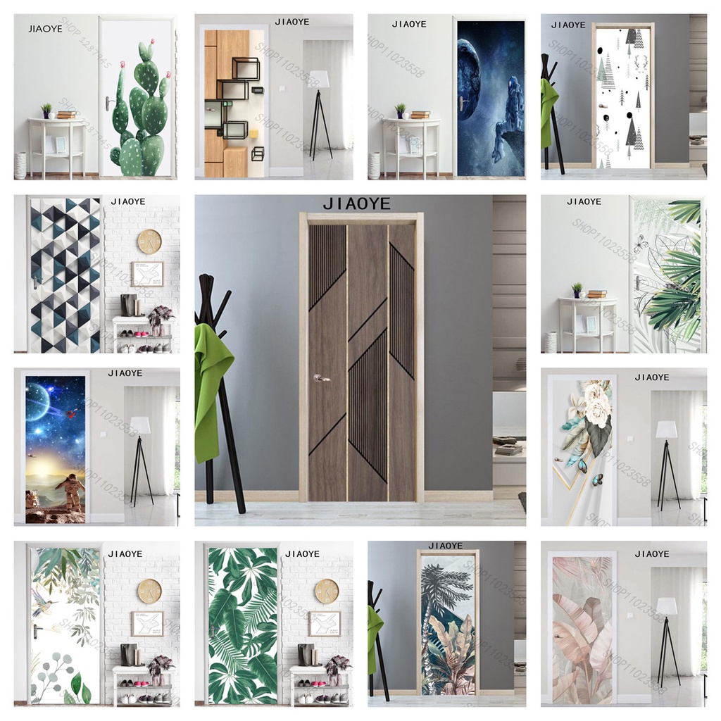Custom size tropical plant geometric Door Stickers Home Decor Door Wrap ...
