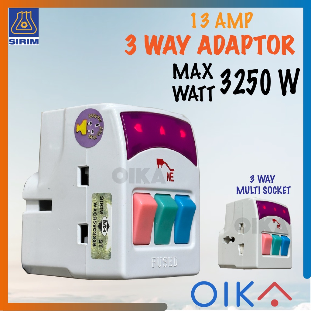 [READY STOCK] ME 13 Amp/Universal 3 WAY Adaptor Switch with Neon Light ...