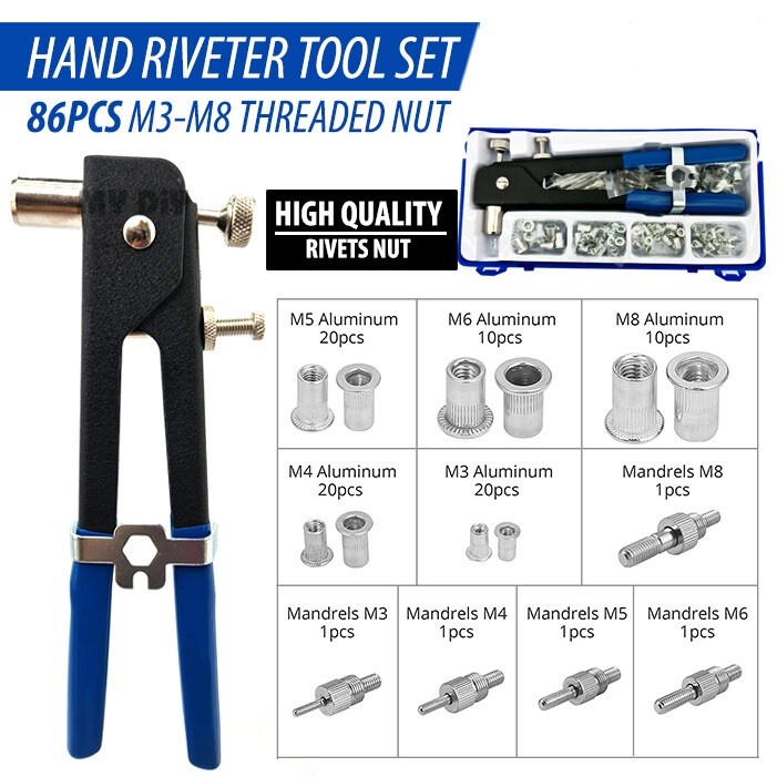86pcs/Set Manual Threaded Nut Rivet Tool Hand Riveter Nut Rivet Kit ...