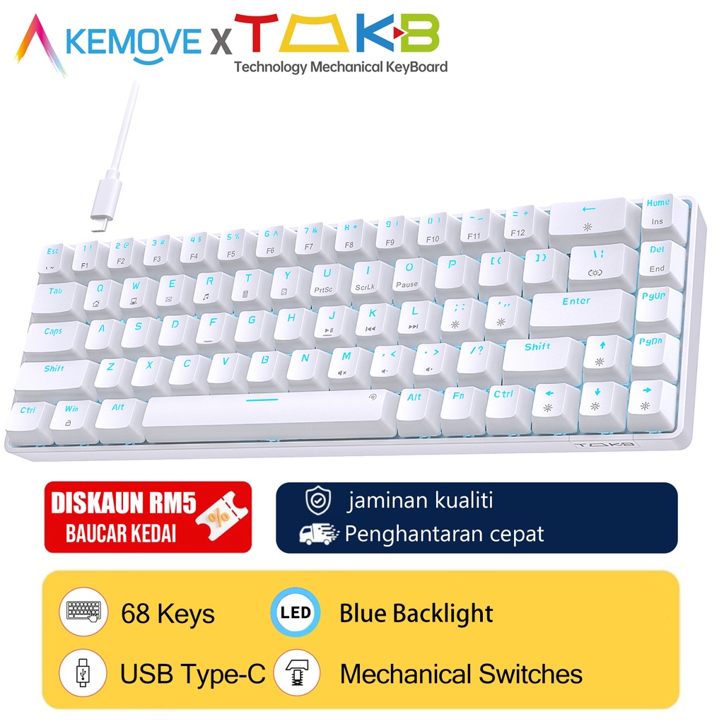 TMKB T68SE 65% Mechanical Gaming Keyboard Wired USB-C RGB Light 68 keys ...