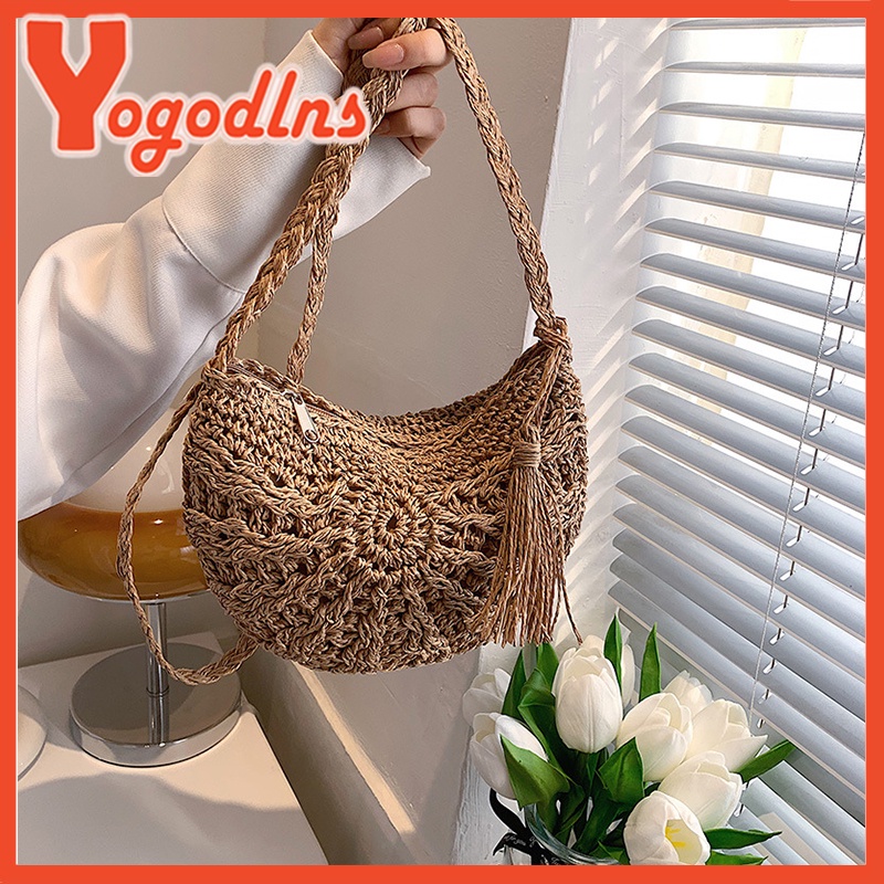Yogodlns Fashion Semicircle Straw Woven Shoulder Bag Travel Small ...