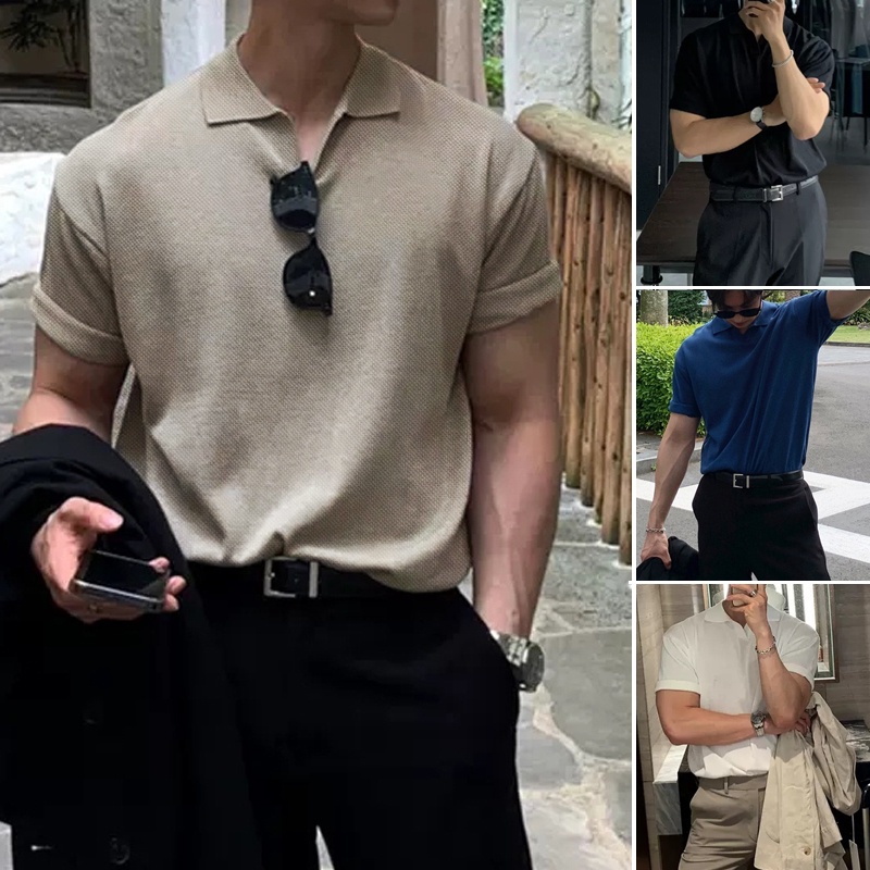【4 Color】Korean style Summer Plain knitted POLO shirt Men short sleeve ...