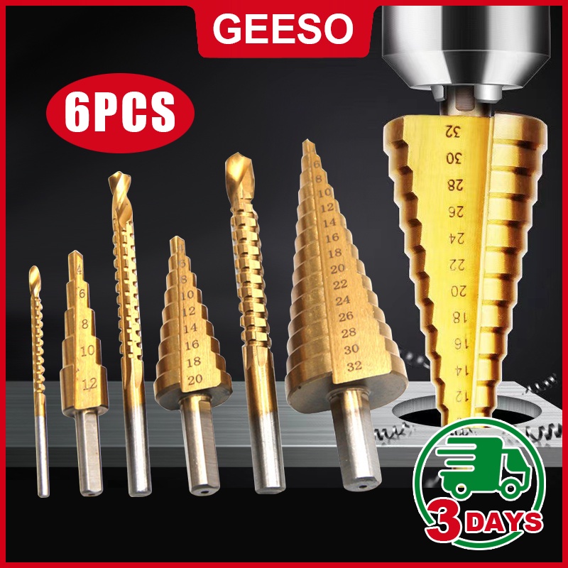GEESO Step Drill Bit Set 6PCS Gerudi 4mm-32mm Titanium Coated HSS Drill ...