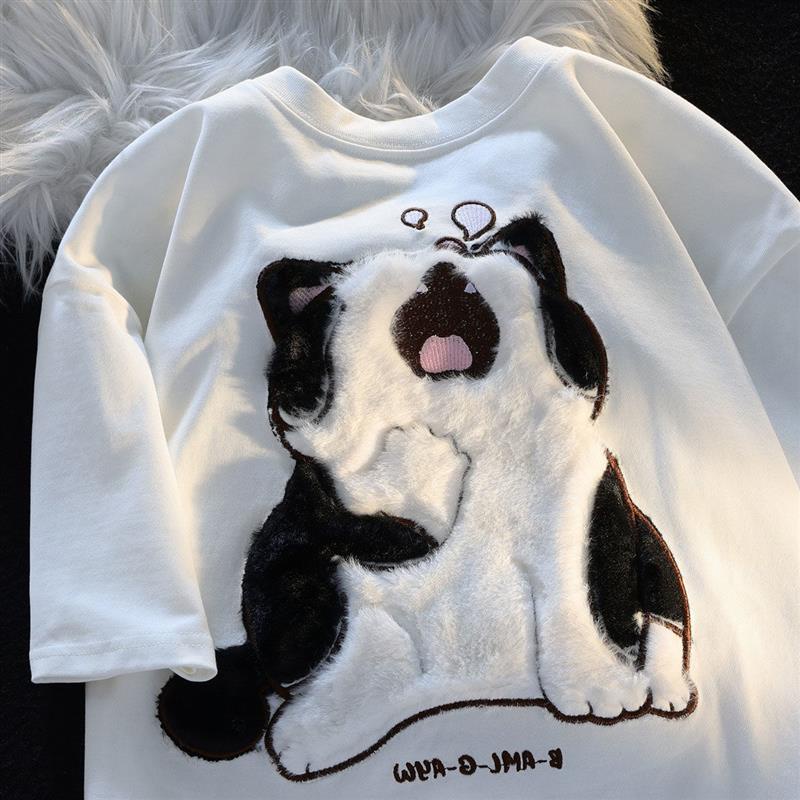 Ready Stock Design Cute Cow Cat Plush Embroidered short-Sleeved T-shirt ...