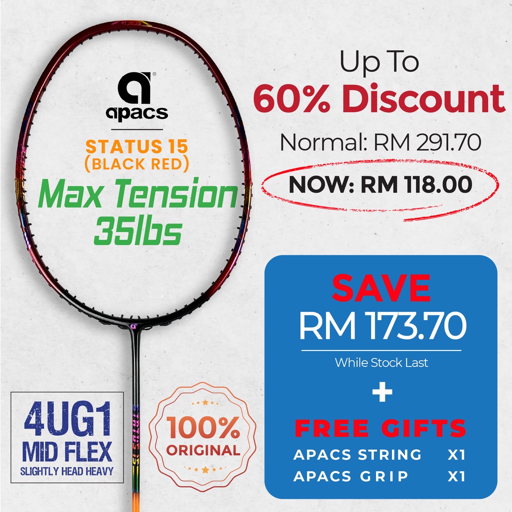 APACS Status 15 (Black Red) Badminton Racket - 6.8mm Extra Slim Shaft ...