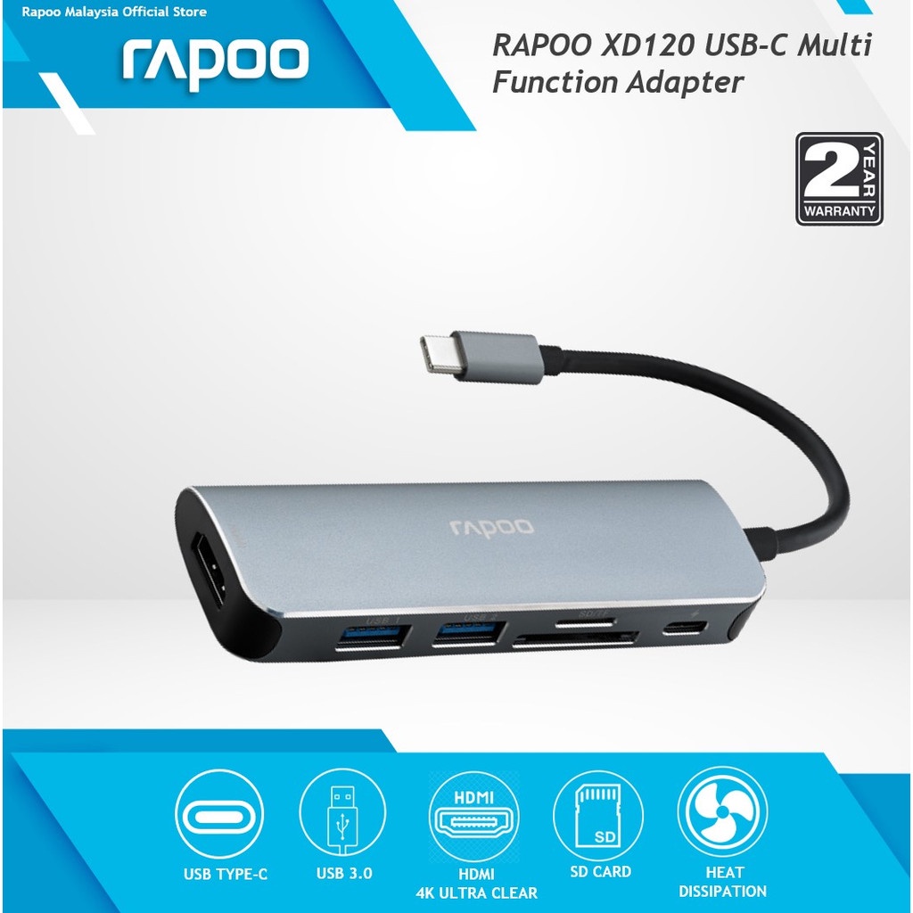Rapoo XD120 USB-C Multi Function Adapter USB Hub (6 in 1) Grey / Video ...