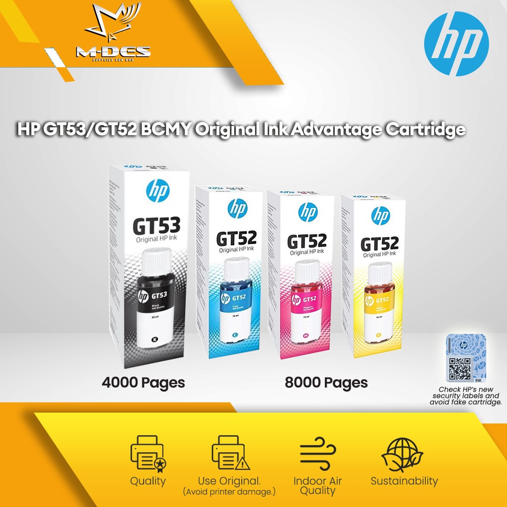 HP GT53 / GT53XL Black / GT52 Cyan Magenta Yellow Original Refill Ink ...