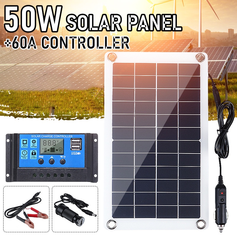 50W Solar Panel With 10A/20A/30A/40A/50A/60A/100A Auto Solar Charger Controller 12V 24V PWM ...