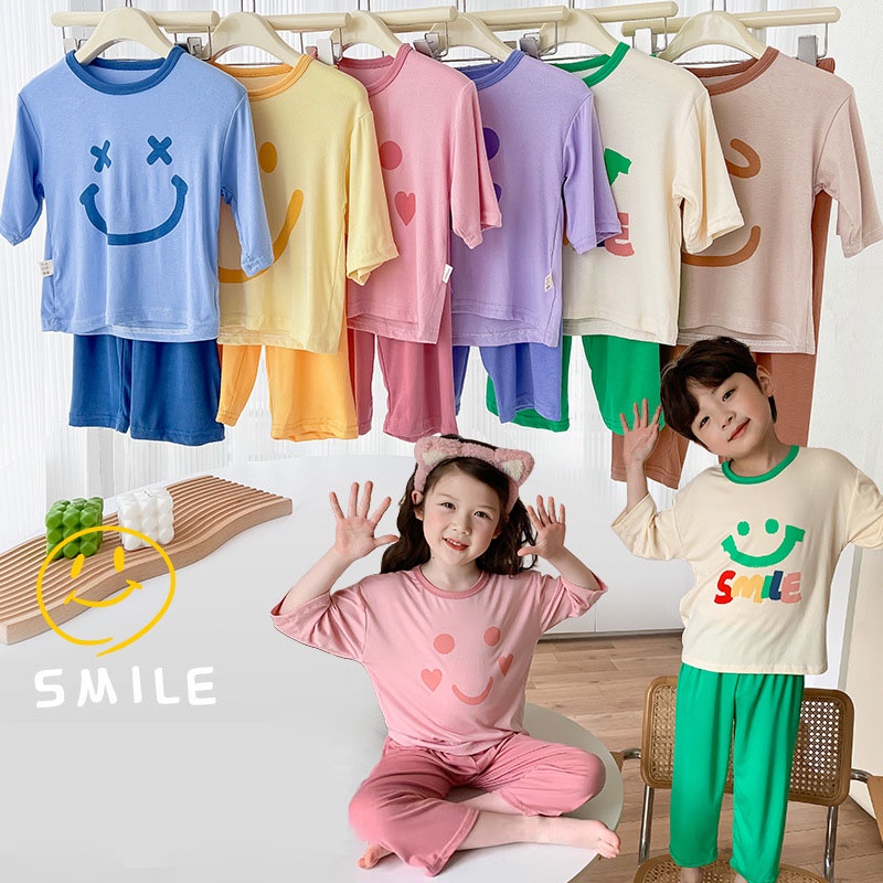 kids Girls Soft Model Short Sleeves Pyjamas Suit Boys Smile Summer Half ...