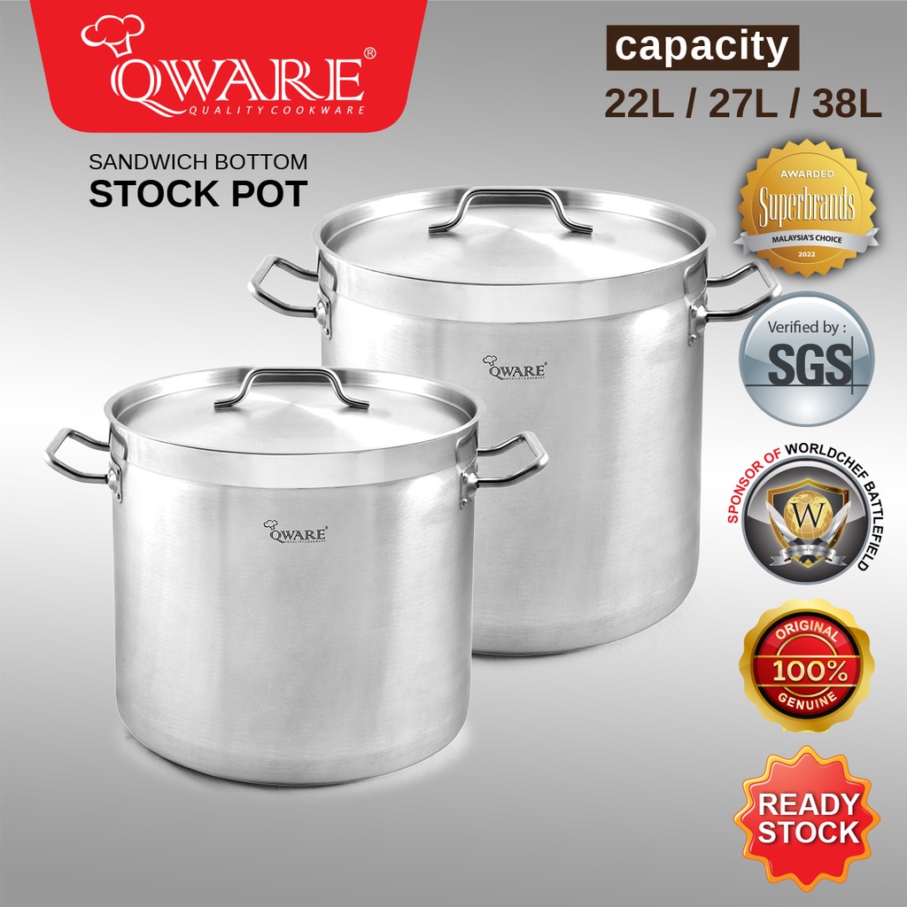 【Qware】3-ply Stainless Steel Sandwich Bottom Stock Pot With Lid ...