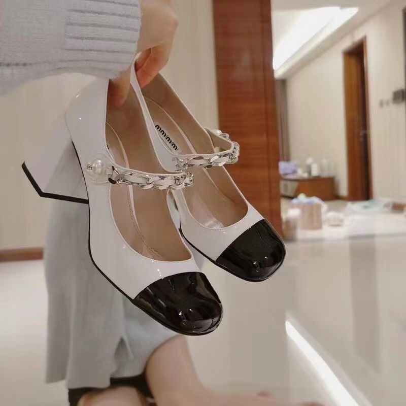 Retro Color-Block Pearl Thick Heel Round Toe Mary Jane Shoes Women S ...