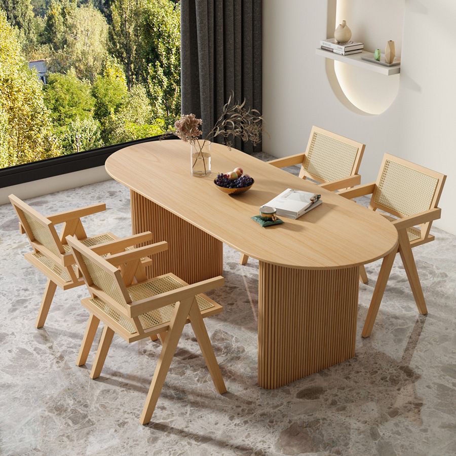 Japanese-style log solid wood dining table and chairs oval wabi-sabi ...