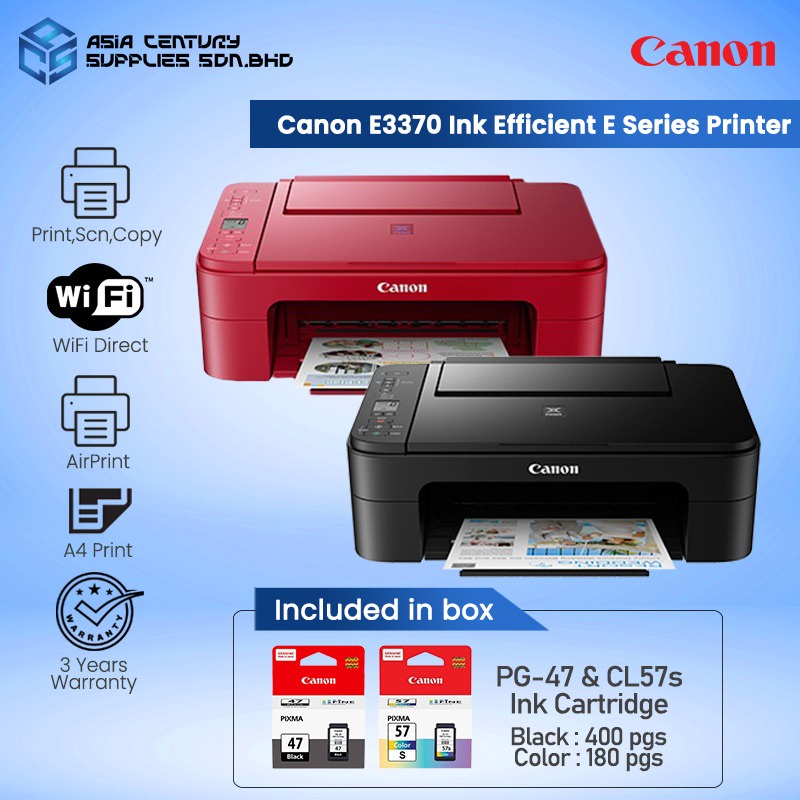 Canon Pixma E3370 Black / Red All In One Wireless A4 Color Inkjet Printer ( Print Scan Copy ...