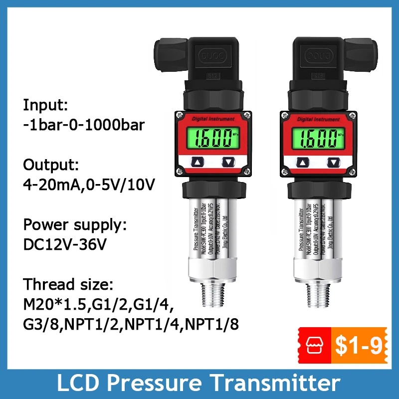 LCD Display Pressure Transmitter 4-20mA 0-5V 10V Output Air Water Liquid Oil Transducer Vacuum ...