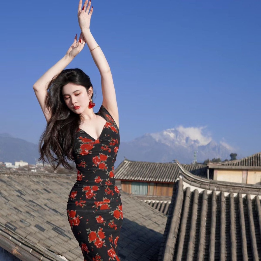 New Vintage Romantic Gauze Dress Printed Slim-Fit Breasts Showing Figure Hip- | Shopee Malaysia