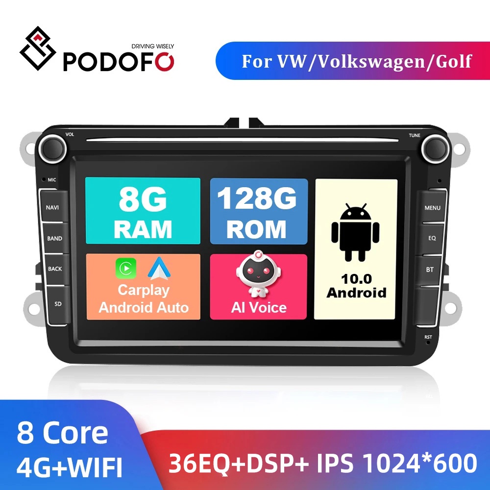 Podofo Car Multimedia player Android 10 GPS 2 Din Car Autoradio Radio For VW/Volkswagen/Golf ...