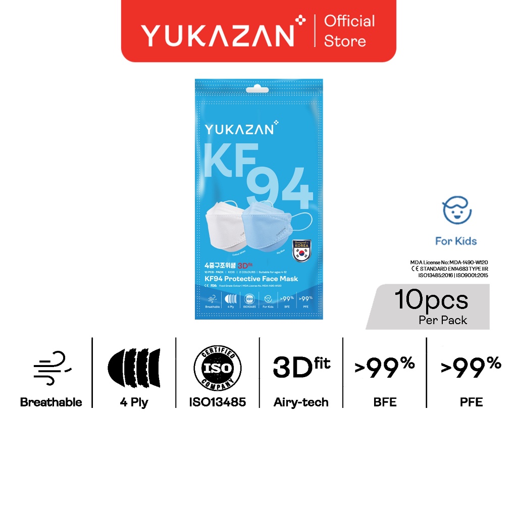 Yukazan Kids KF94 Sky Blue & Cotton White Protective Medical Face Mask (10 Pcs/Pack) | Shopee ...