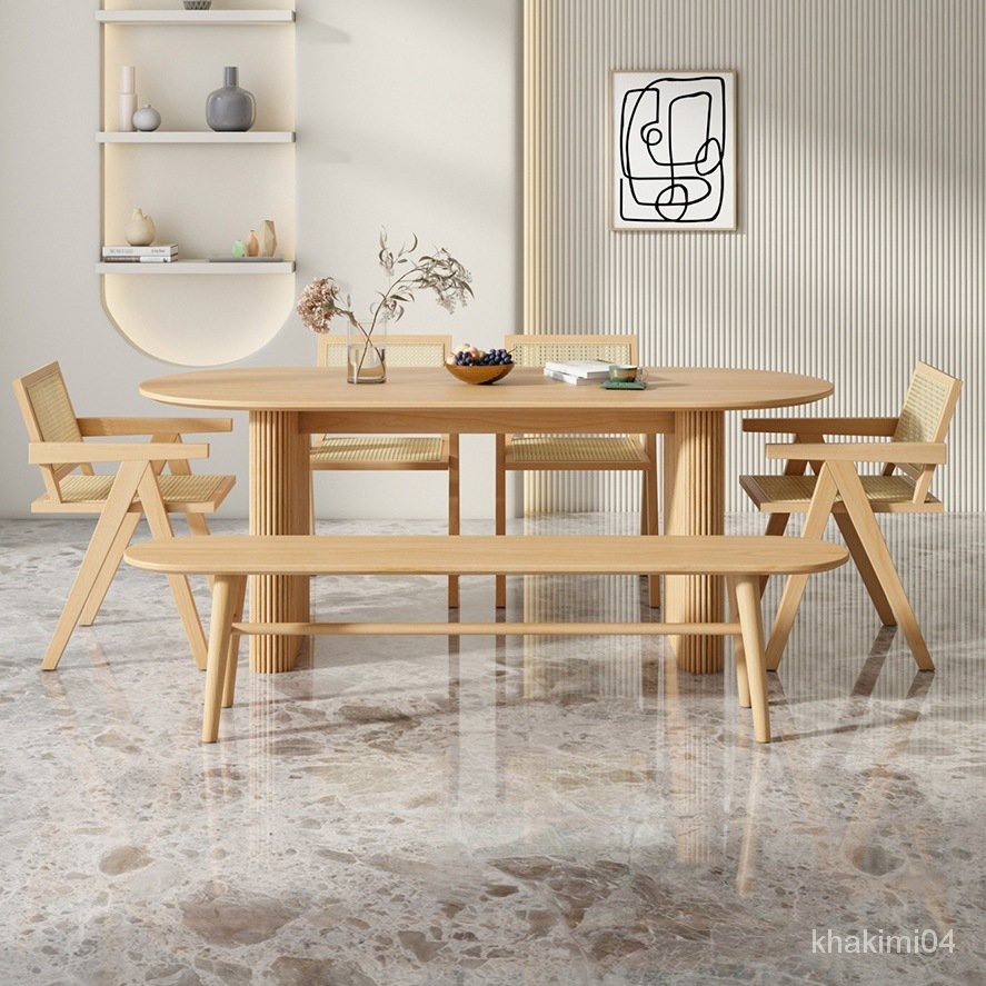QM🍅Japanese-Style Solid Wood Dining Table and Chair Oval Style Special ...