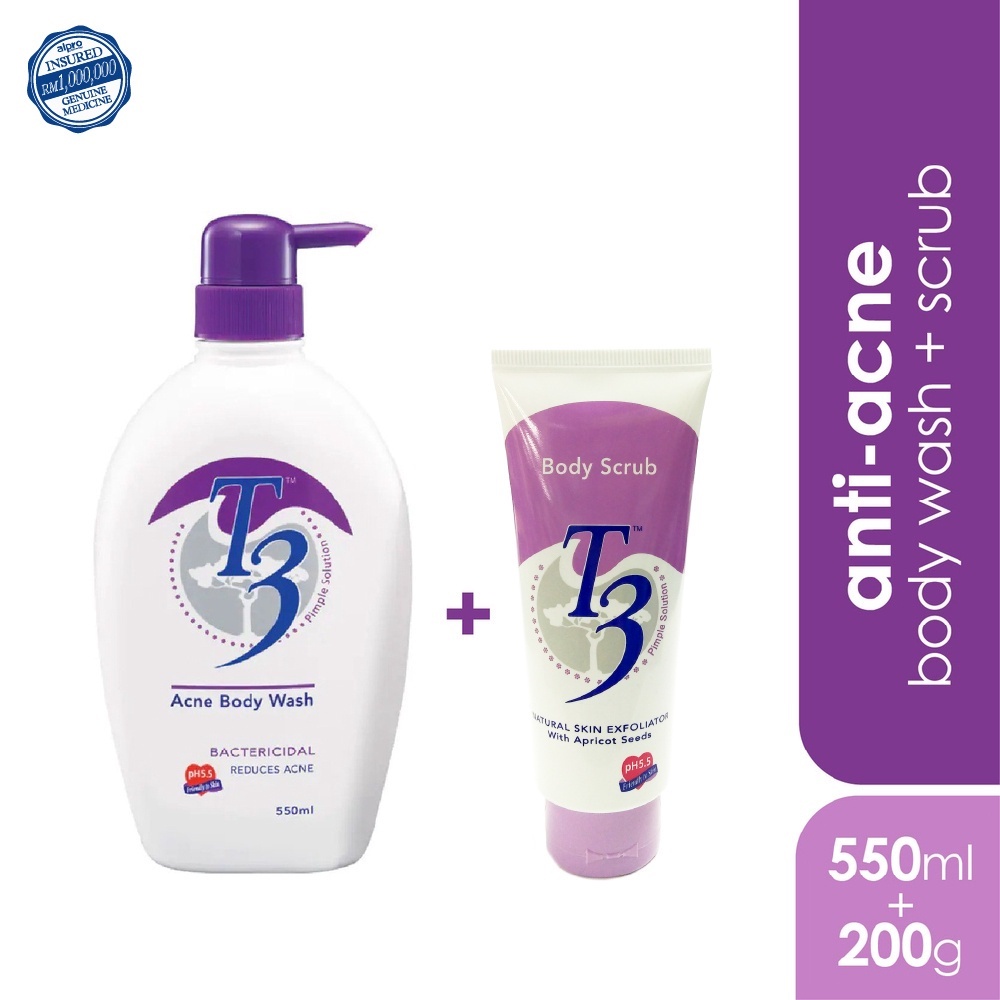 T3 Acne Body Wash (550ml) + T3 Body Scrub (200g) [Super Valued Pack ...