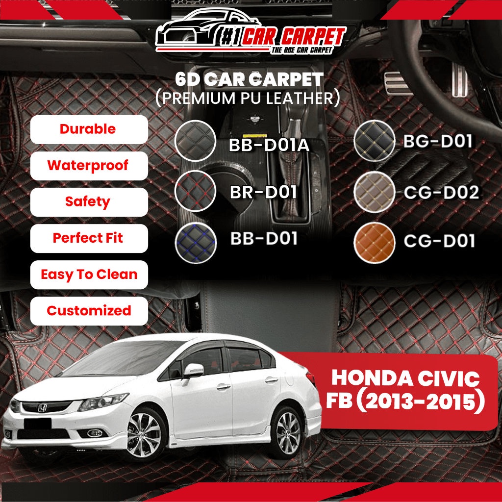 6D Car Carpet Honda Civic Fb ( 2013-2015 ) Carpet Car Mat Premium PU ...